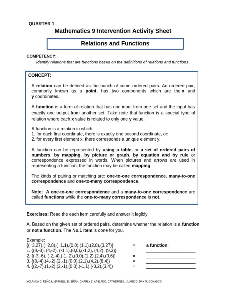 Mathematics Intervention Activity Sheet - Q1-5 | PDF | Function ...