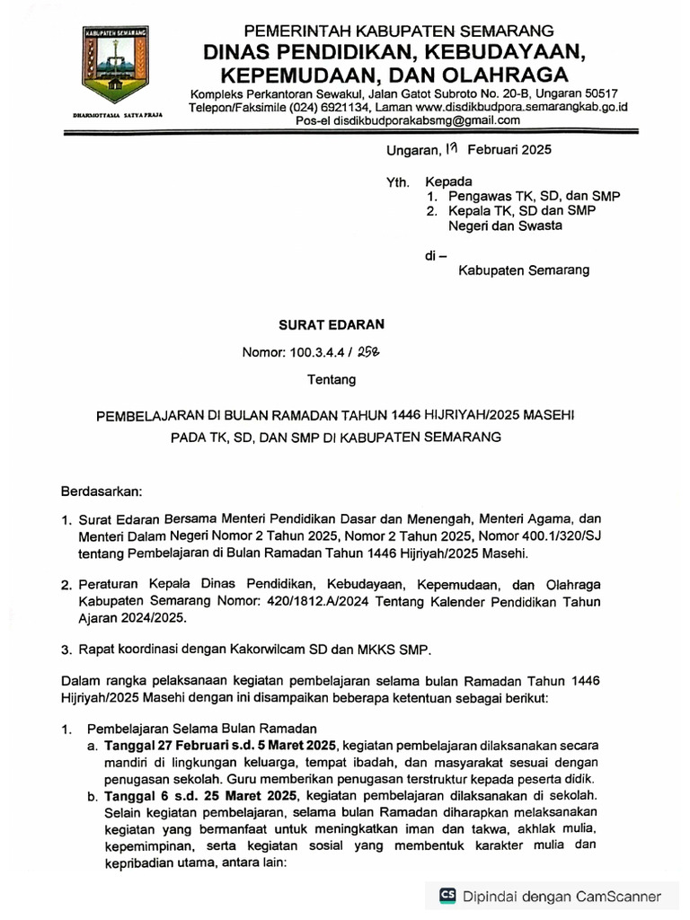 Surat Edaran Kegiatan Pembelajaran SD Dan SMP Di Bulan Ramadhan | PDF