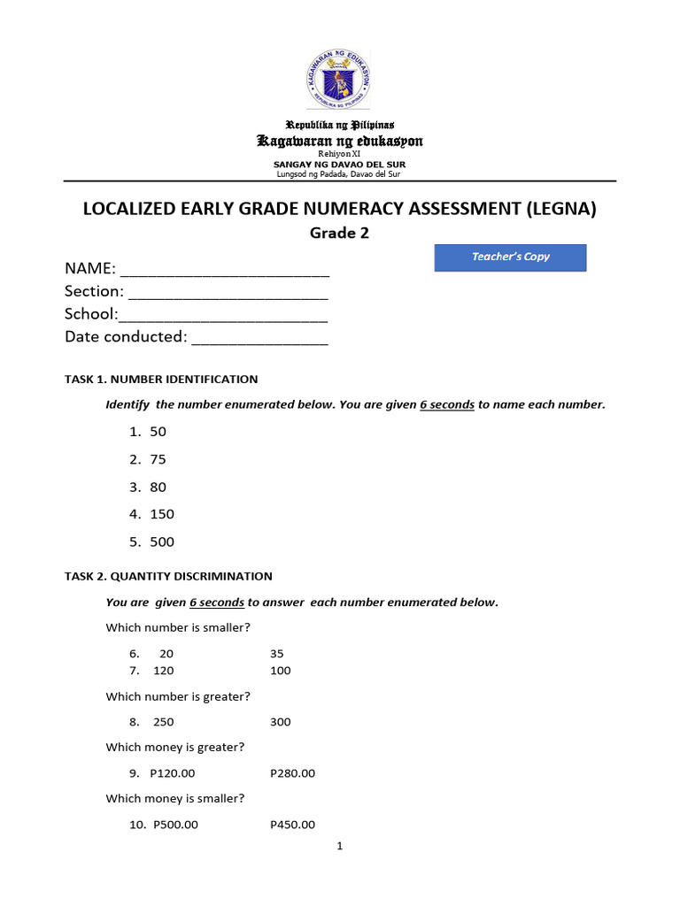 Grade 2 Numeracy Assessment Guide | PDF