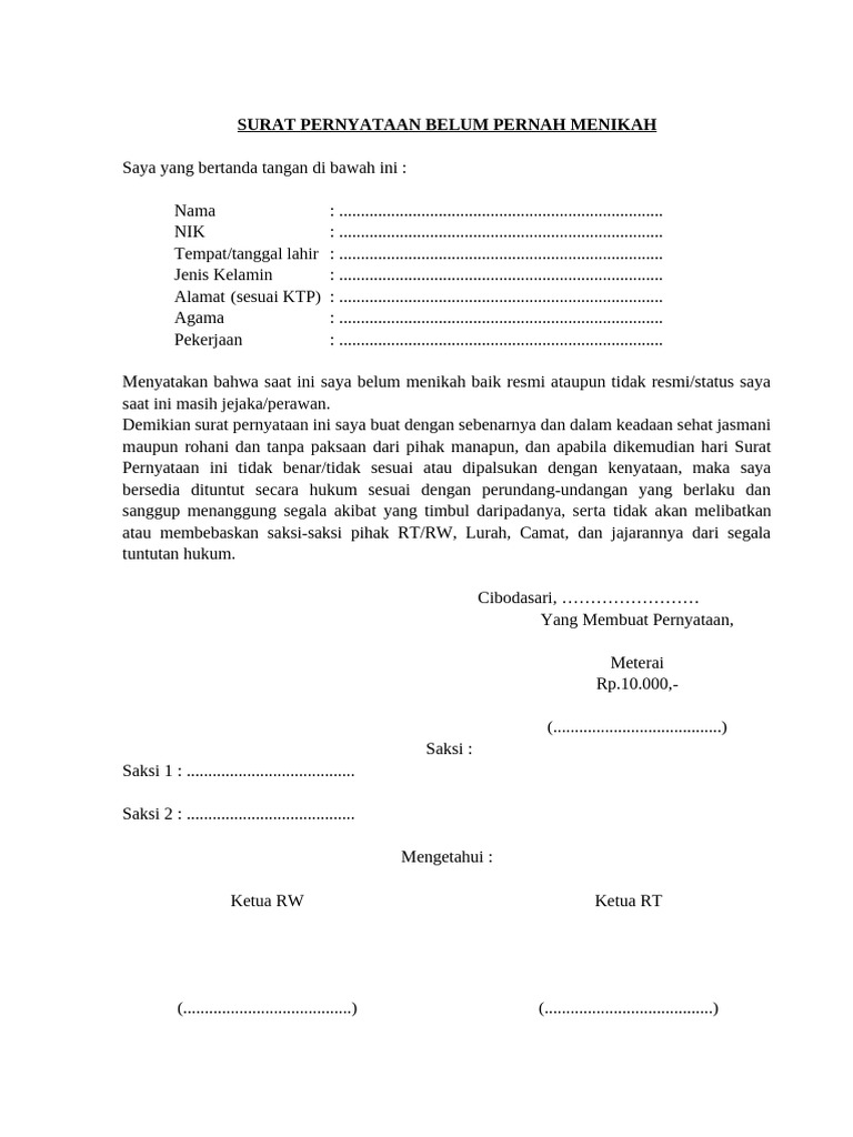 Surat Pernyataan Belum Pernah Menikah | PDF