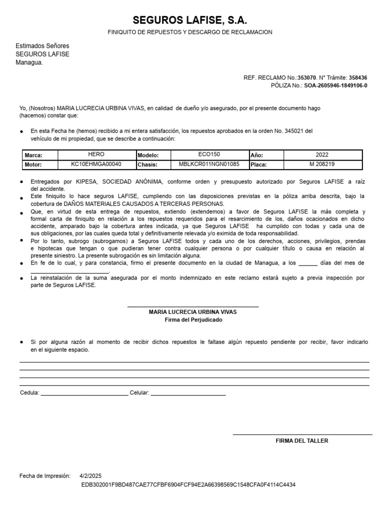 Finiquito de Repuestos Orden #345021 | PDF | Póliza de seguros