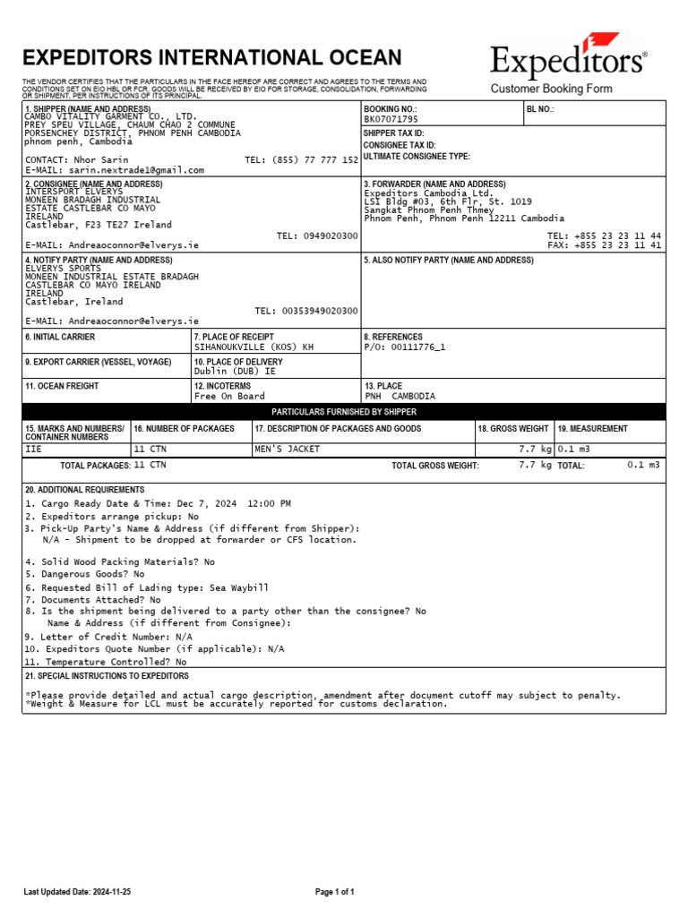 Expeditors International Customer Booking Form | PDF | Cargo | Consumer ...