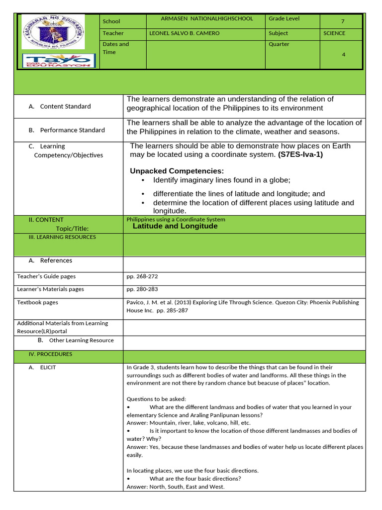 442204498-7Es-lesson-plan-template-1-pdf | PDF | Latitude | Longitude
