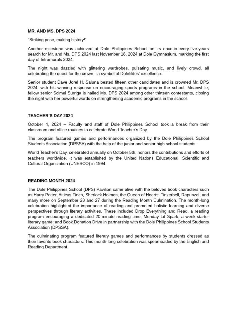 Mr. and Ms. DPS 2024 Event Highlights | PDF | Climate Change