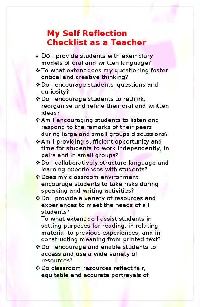My Self Reflection Checklist As A Teacher | PDF | Learning | Critical ...