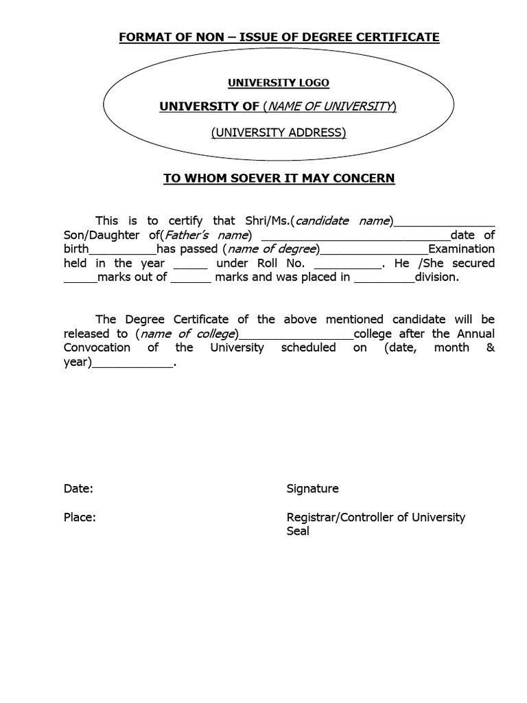 Format of Non Issuence of Degree | PDF