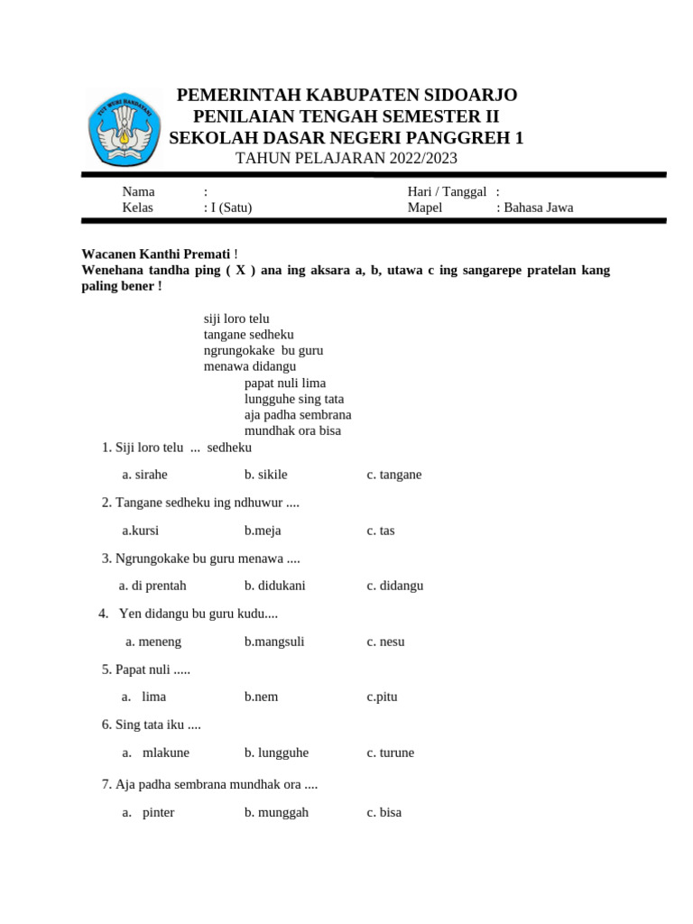 PTS Semester 2 Bahasa Jawa Kelas 1 | PDF