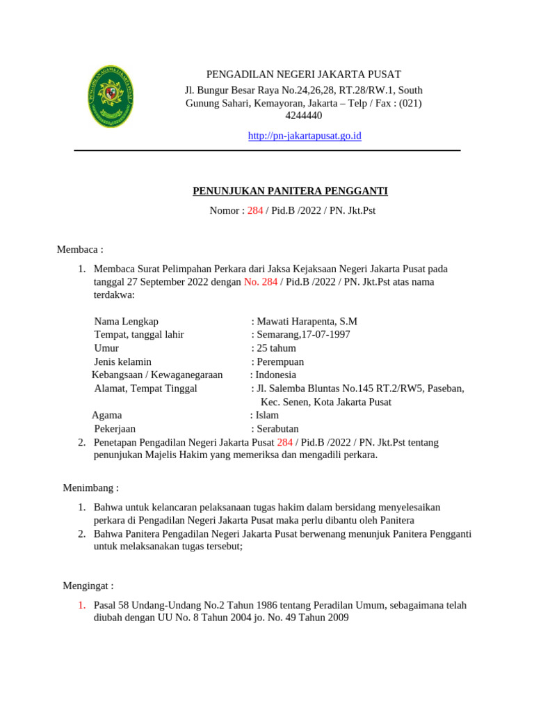 Penunjukan Panitera Pengganti PN Jakpus | PDF