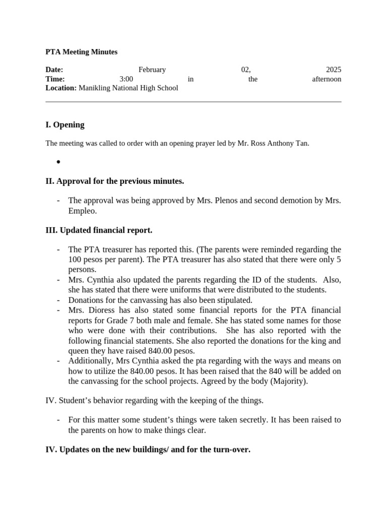 PTA Meeting Minutes | PDF
