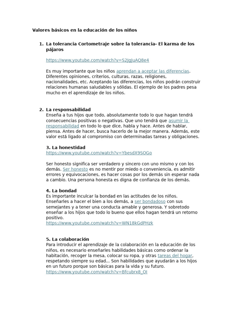 Valores básicos en la educación de los niños | PDF | Aprendizaje | Tolerancia