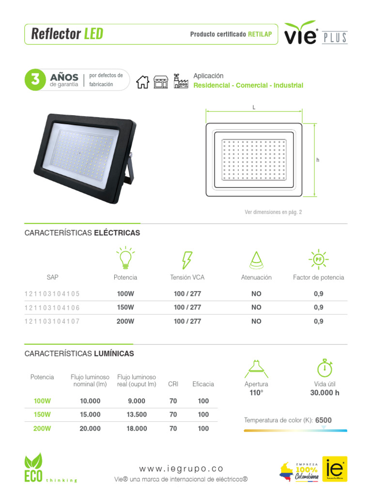 REFLECTORES LED Vie® PLUS Ficha Técnica | PDF | Equipo | Componentes