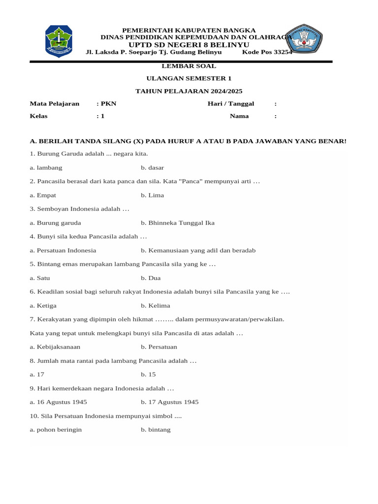 Soal Ulangan Semester 1 Kelas 1 PKN | PDF