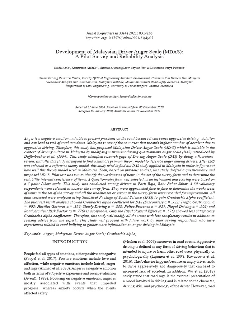 4.1 Development of Malaysian Driver Anger Scale (MDAS) A Pilot Survey and Reliability Analysis ...