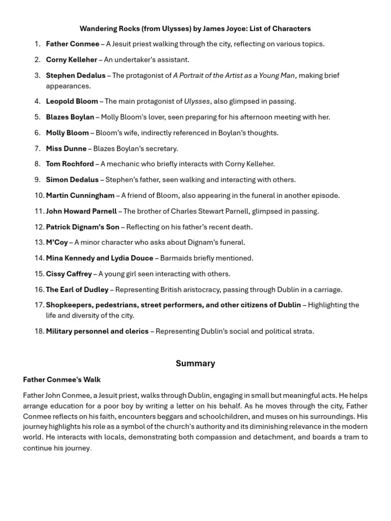 Wandering Rocks: Character List | PDF | Ulysses (Novel) | Irish Novels