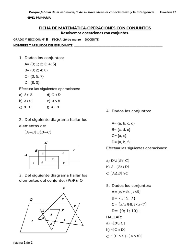 Operaciones con Conjuntos para 4° Grado | PDF