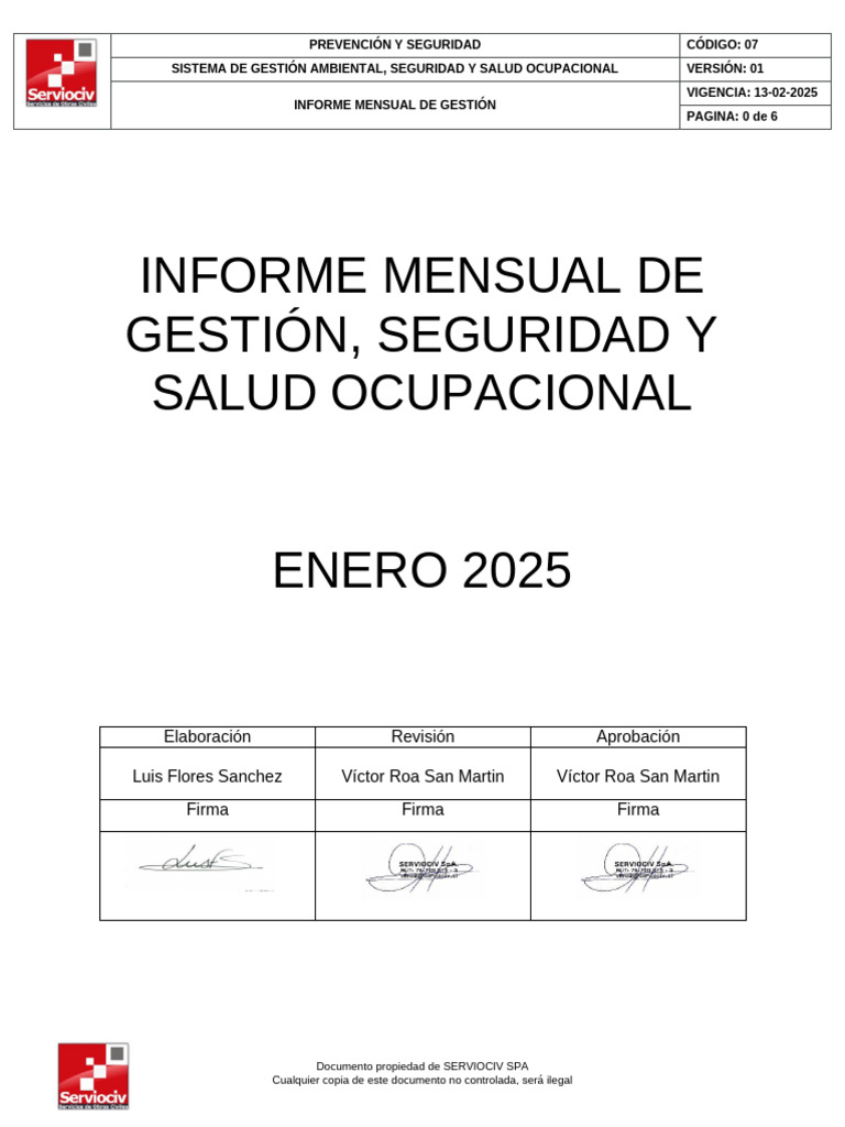INFORME MENSUAL DE GESTIÓN, SEGURIDAD Y SALUD OCUPACIONAL (Enero 2025) | PDF | Seguridad y salud ...