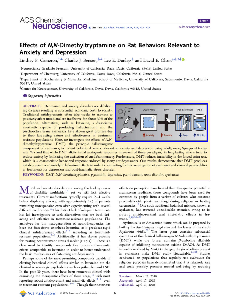 Effects of N, N Dimethyltryptamine On Rat Behaviors Relevant To Anxiety ...