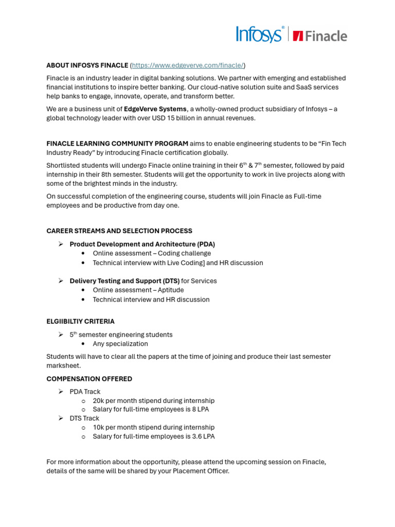Finacle Campus Hiring Program - PDA+DTS | PDF