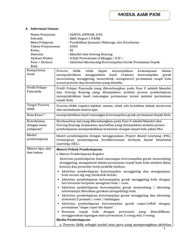 01. MODUL PERMAINAN SEPAK BOLA_FASE F KELAS XI_ (1).docx pak saiful | PDF