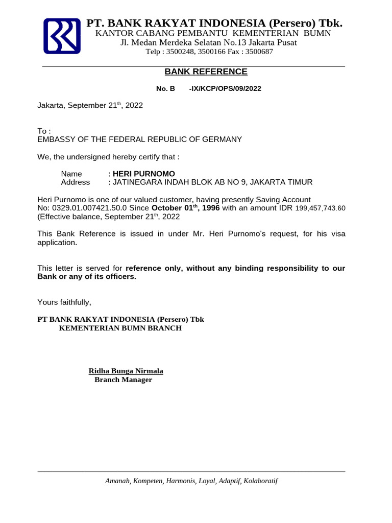Surat Referensi Bank Untuk Visa | PDF | Banking | Banks