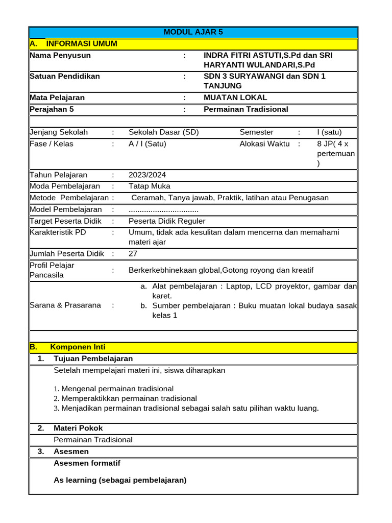 Modul Pembelajaran Permainan Tradisional SD | PDF