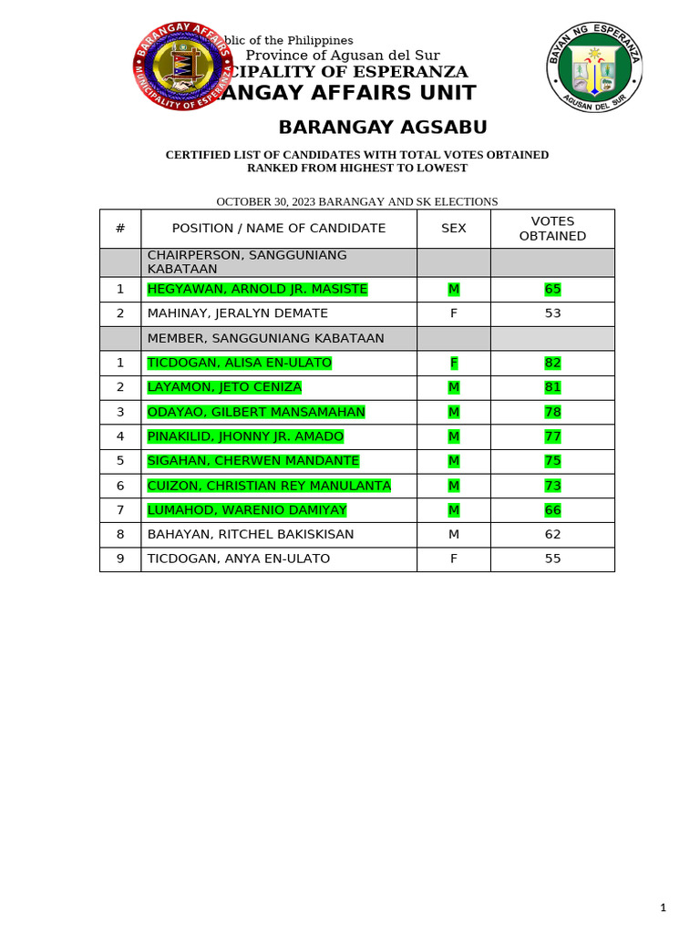 2023 Barangay and SK Election Results | PDF | Political Events | Elections