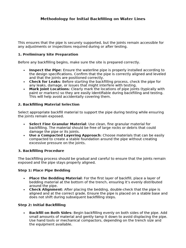 Initial Backfilling Method for Water Lines | PDF | Pipe (Fluid ...
