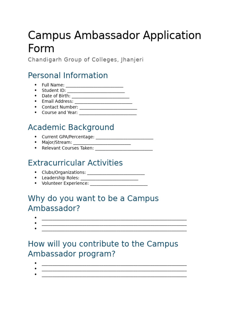 Campus Ambassador Application Form | PDF