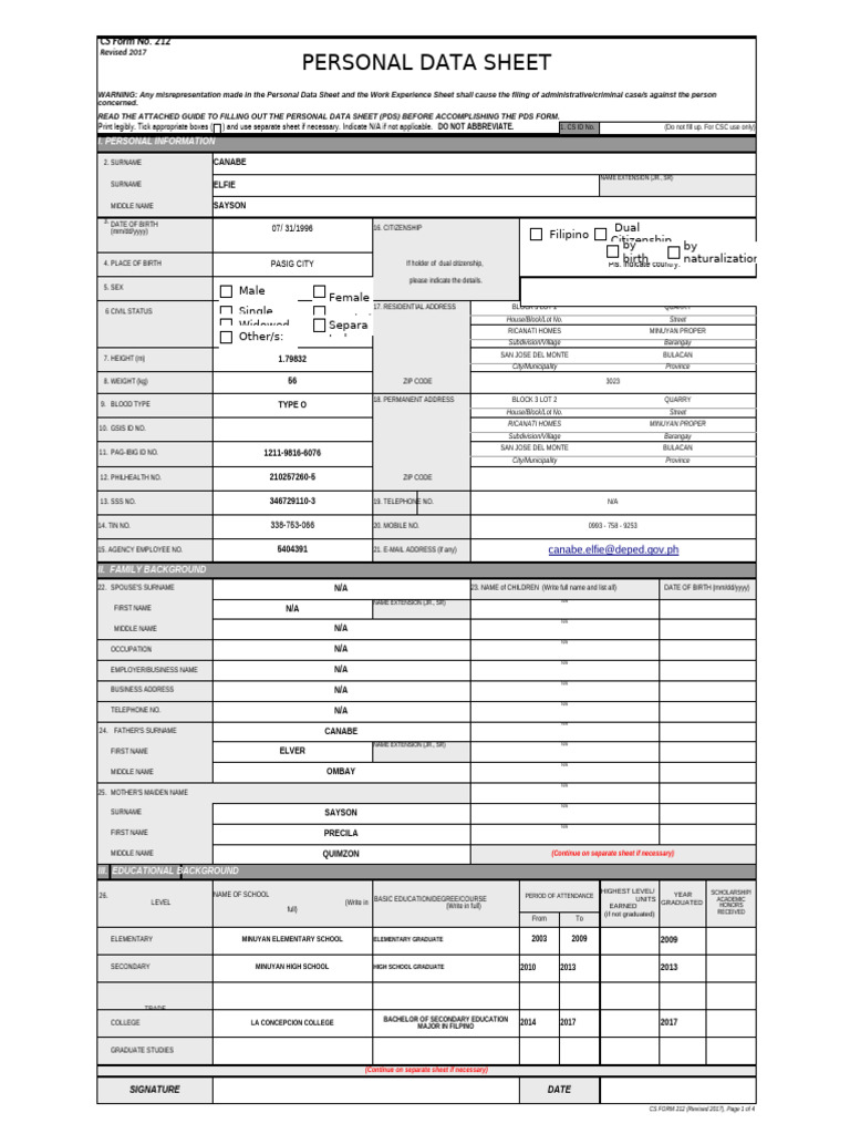 CS Form No. 212 Personal Data Sheet Revised | PDF