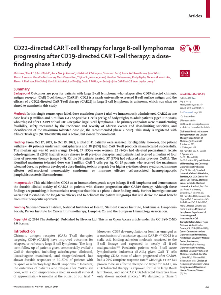 CD22-directed CAR T-Cell Therapy For Large B-Cell Lymphomas Progressing ...