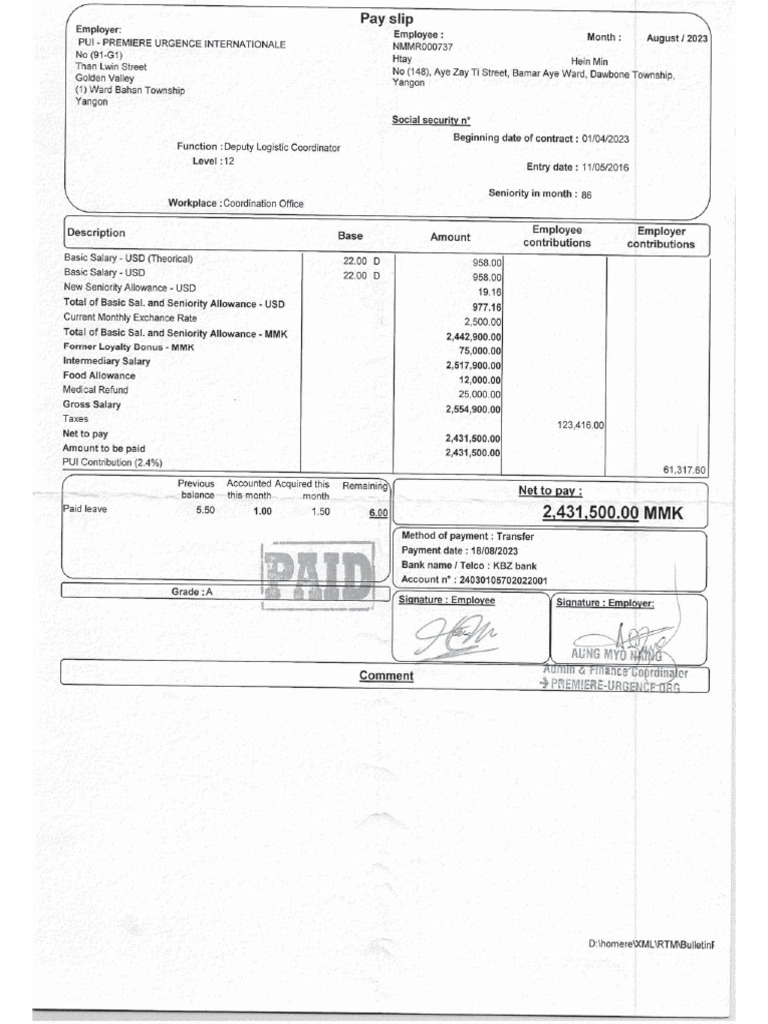 Ko Hein Pay Slip Aug-23 | PDF