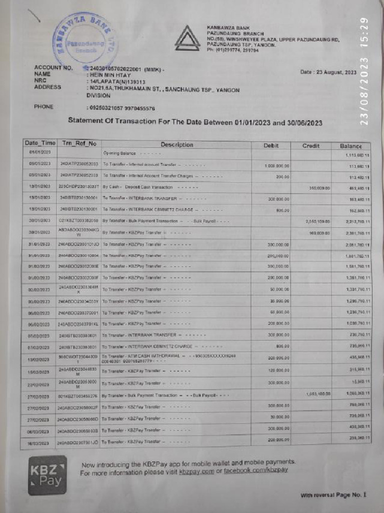 Ko Hein - Bank Statement - Hein Min Htay | PDF