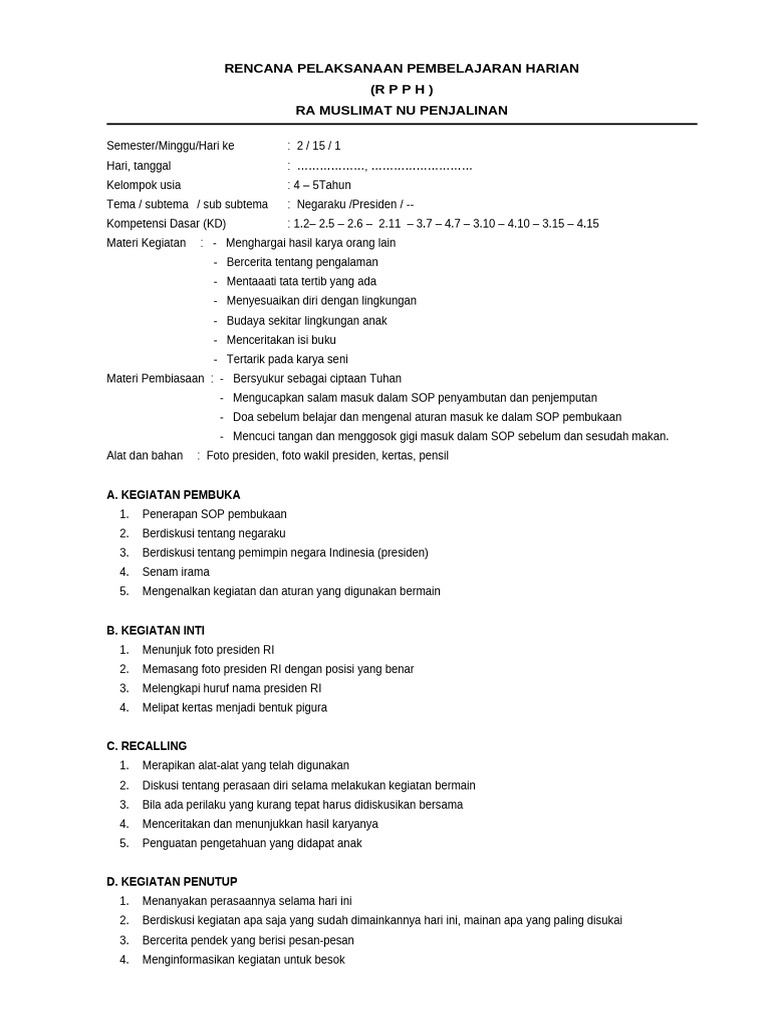 RPPH TK-A SMT2 Minggu - 15 - Hari Besar Nasional, Pahlawan Nasional | PDF