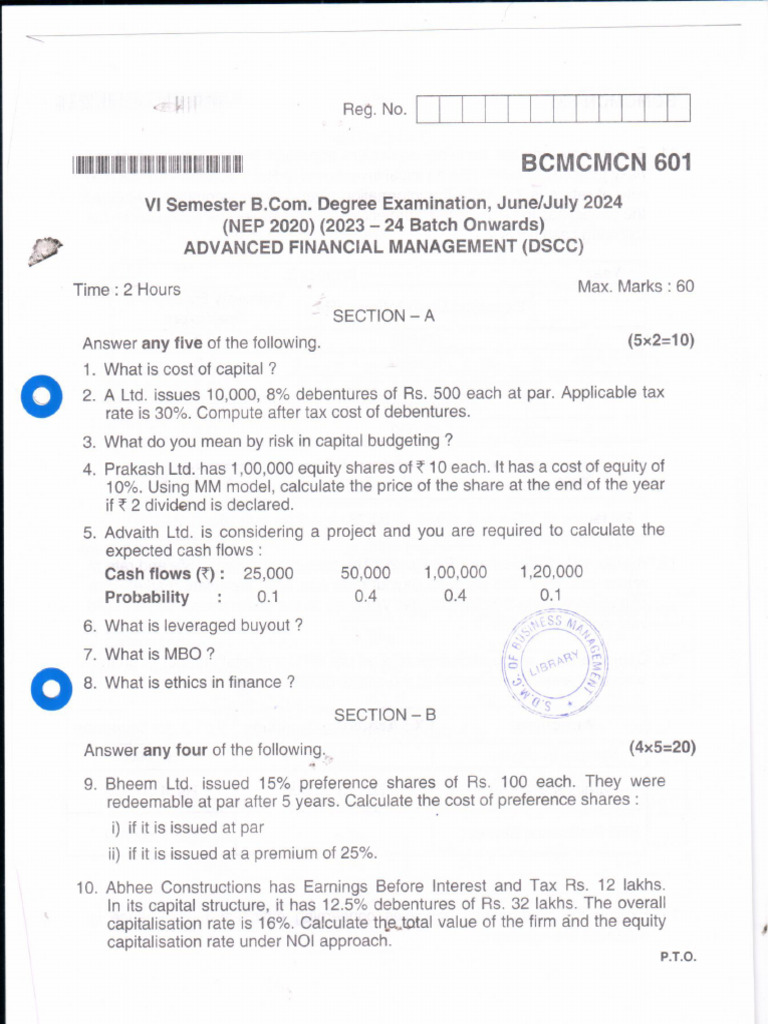 BCOM VI Semester Advanced Financial Management July 2024 | PDF