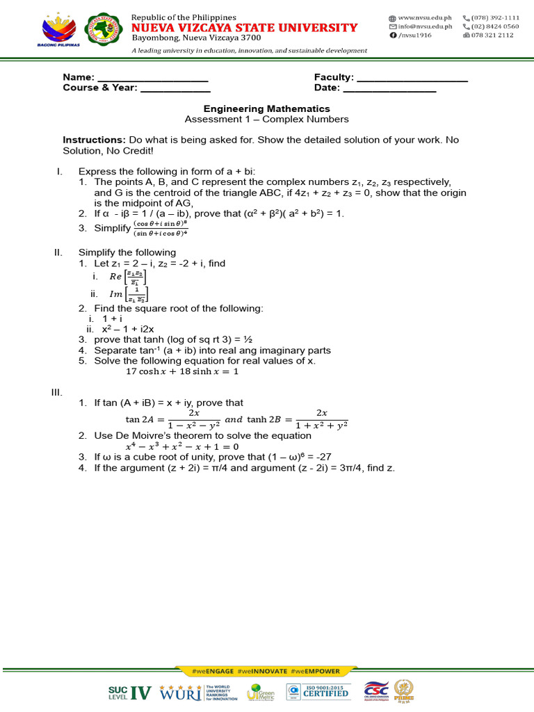 Complex Numbers Assessment Tasks | PDF