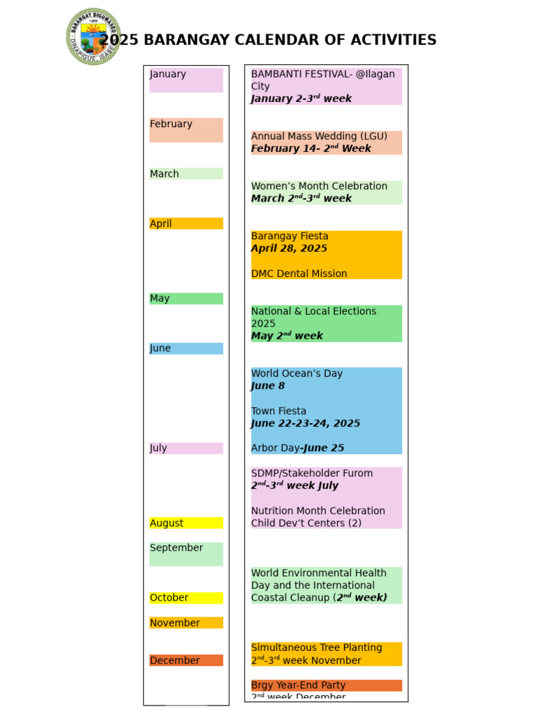 2025 Barangay Activities Calendar | PDF