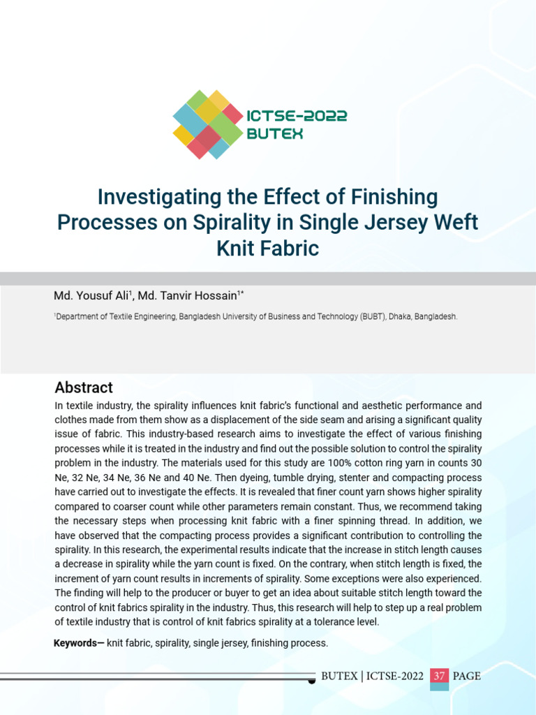 Investigating The Effect of Finishing Processes On Spirality in Single Jersey Weft Knit Fabric ...