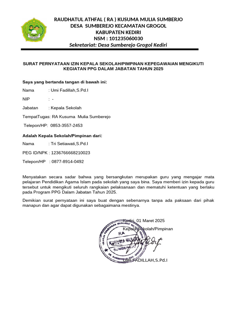 Contoh Surat Izin Pimpinan PPG | PDF