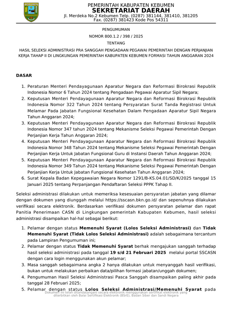 Pengumuman Hasil Seleksi Administrasi Pra Sanggah Pengadaan PPPK Tahap 2 Kabupaten Kebumen | PDF