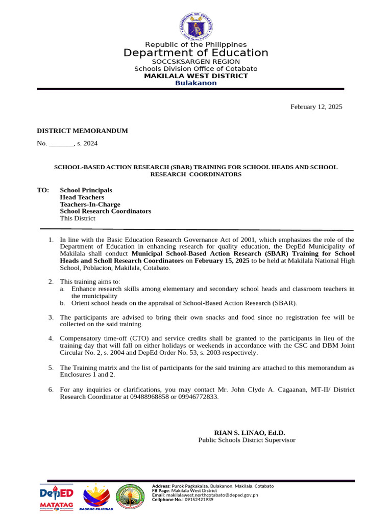 MUNICIPAL SCHOOL-BASED ACTION RESEARCH (SBAR) TRAINING- District Memo ...