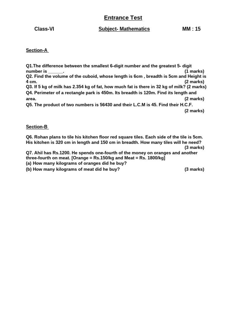Entrance Paper Maths CL-VI | PDF