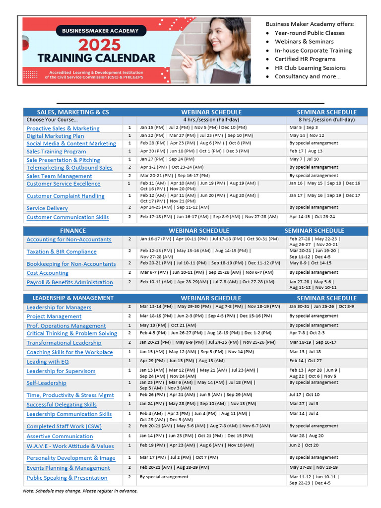 BMA Training Schedule 2025 - Brochure - 12.23.2024 | PDF | Business | Money