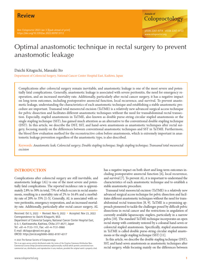 Optimal Anastomotic Technique in Rectal Surgery To Prevent Anastomotic ...