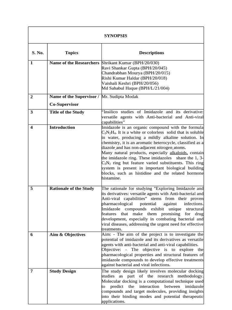 Synopsis For The 8th Sem Project Work | PDF | Docking (Molecular) | Medicinal Chemistry