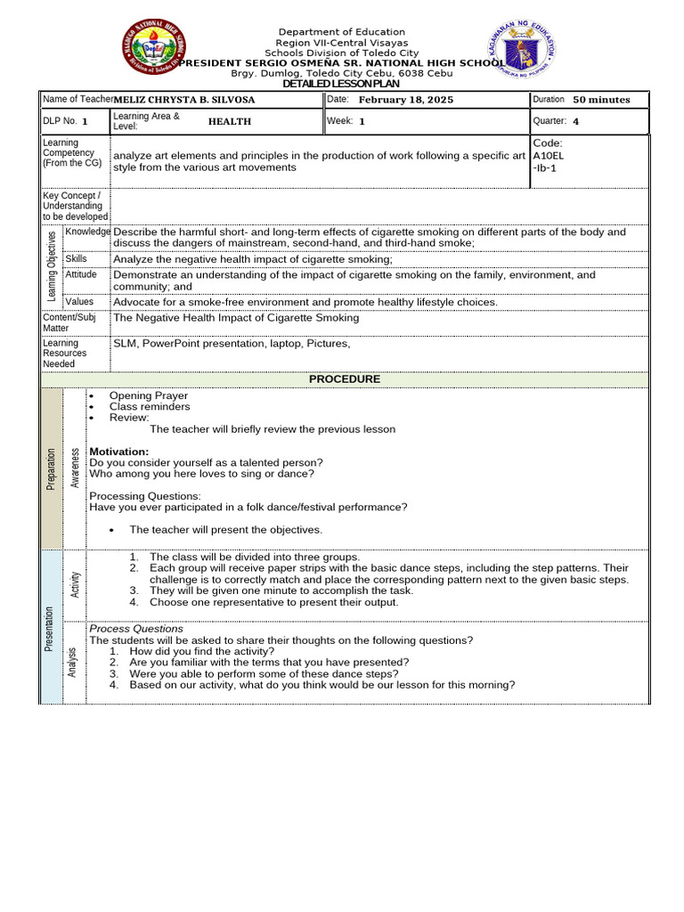 Health Lesson Plan on Smoking Effects | PDF | Dances | Learning
