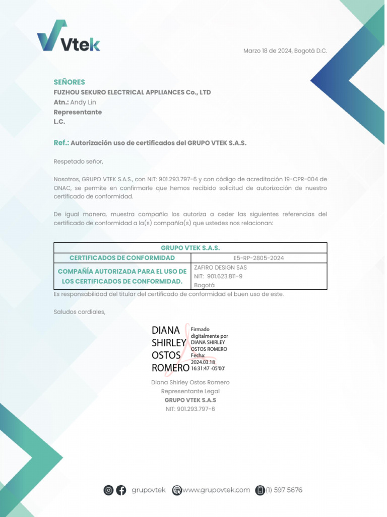 Certificación de Conformidad VTEK S.A.S. | PDF