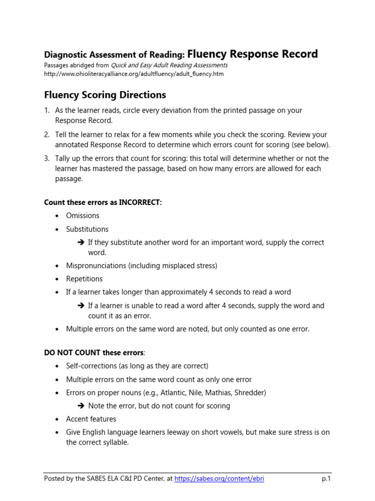 Fluency Response Record | PDF | Stress (Linguistics) | Word