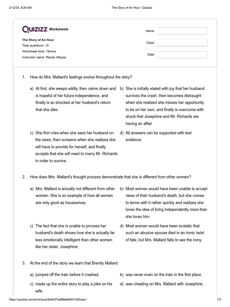 Quiz on "The Story of an Hour" | PDF