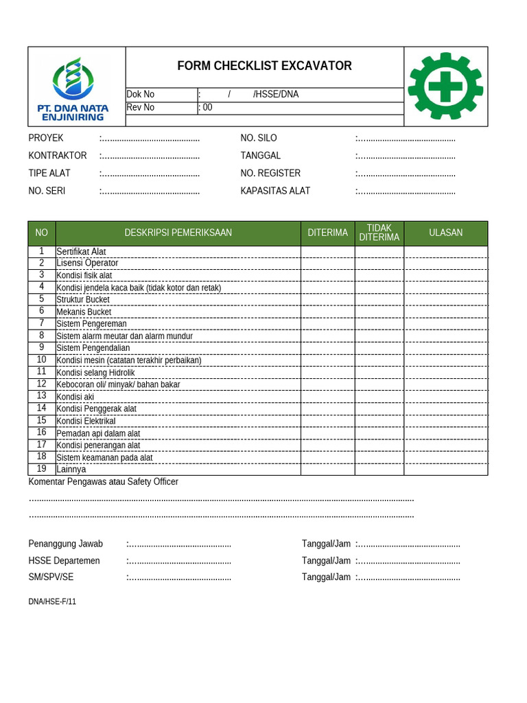 Checklist Inspeksi Excavator | PDF
