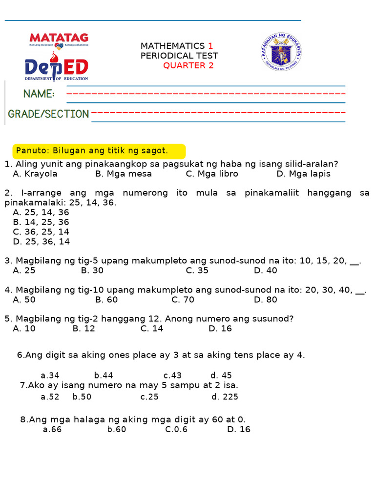 Tagalog Q2 Grade1 Periodical Math | PDF